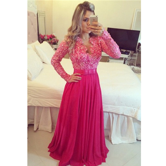 Chiffon Lace Prom Dresses With Long Sleeves Pst0443 on Luulla